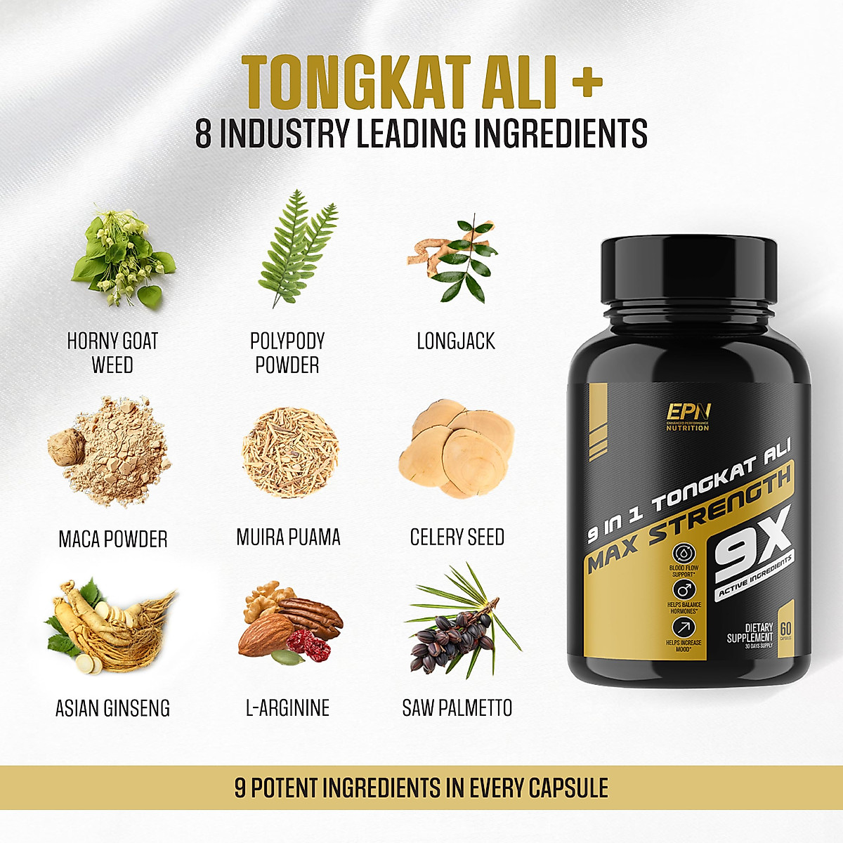 EPN Supplements | #1 Rated 9 in 1 Tongkat Ali + Horny Goat Weed | Fast Acting Blood Flow, Increase Stamina & Muscle Growth | Ultra Potent Formula for Men w/ Saw Palmetto, Maca Powder - 60 Capsules