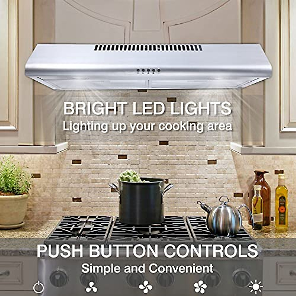 Stainless Steel Range Hood 30 inch KITCHENEXUS 200 CFM Under Cabinet Range Hood Ducted/Ductless Convertible Duct with LED Lighting, Reusable Filters and 3 Speed Exhaust Fan, Slim Kitchen Hood Vent