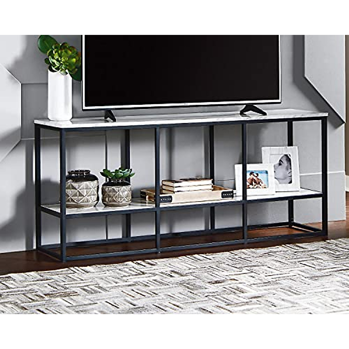 Signature Design by Ashley Donnesta Contemporary Faux Carrara Marble TV Stand Fits TVs up to 62" with Center Shelf, Black & White