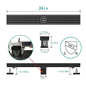 BARONAGE Linear Shower Drain 24 Inch with Removable Square Hole Pattern Cover Grate, 304 Stainless Steel Black Shower Floor Drain Watermark & CUPC Certified Include Accessories