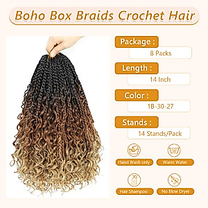 8 Packs Crochet Box Braids-14 Inch Boho Box Braids Crochet Braids Hair Bohomian Box Braid Crochet Hair Synthetic Braiding Hair Goddess Box Braids Crochet Hair for Black Women (1B/30/27)