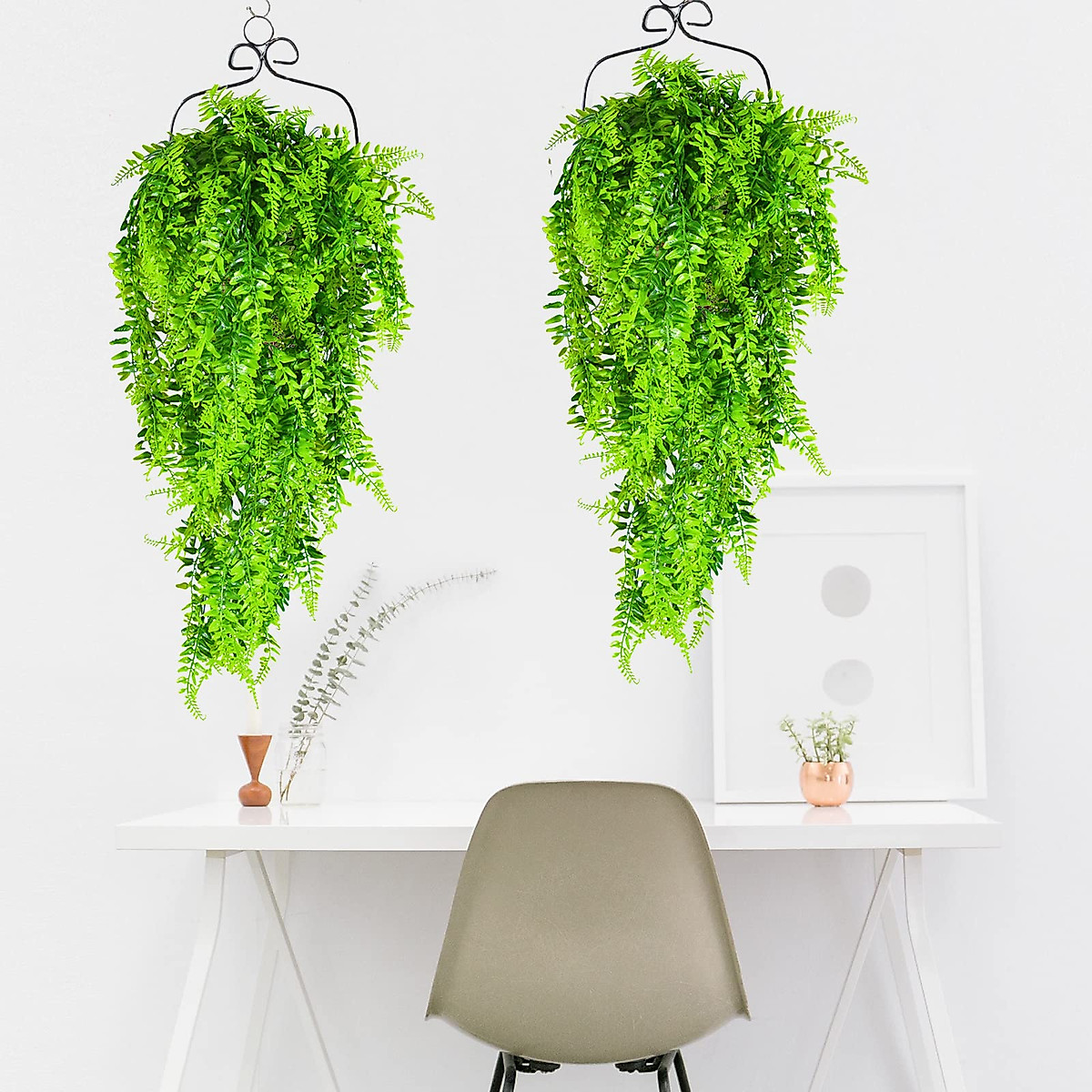 4 Pack Artificial Hanging Plants Fake Hanging Ferns Boston, Plastic Ivy Vines UV Resistant Faux Greenery Wall Plants for Outdoor Indoor Porch Yard Patio Office Garden Home Decor