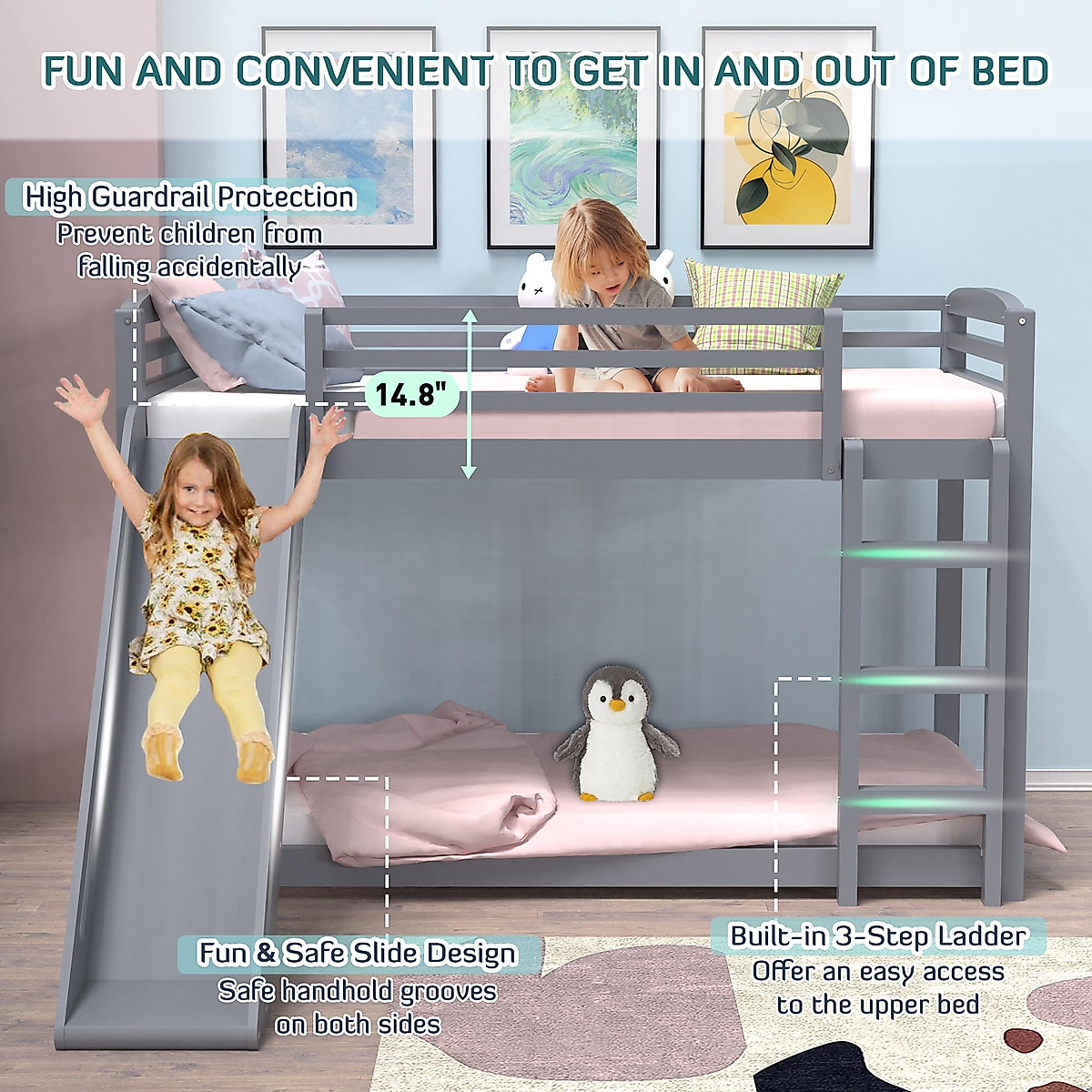 DreamBuck Bunk Bed with Slide, Solid Wood Twin Over Twin Bunk Bed with Ladder and Safety Guardrails, Floor Bunk Bed for Kids Boys Girls, Low Bunk Bed Space-Saving, Easy Assembly, Grey