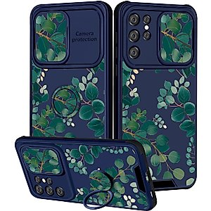 Goocrux (2in1 for Samsung Galaxy S21 Ultra Case Floral for Women Girls Girly Phone Cover Cute Leaves Plants Design with Slide Camera Cover+Ring Holder Fashion Unique Green Cases for S21 Ultra 6.8''