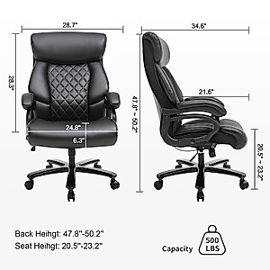 BOWTHY Big and Tall Office Chair 400lbs Heavy Duty Ergonomic Computer Desk Chair with Arms High Back Adjustable Lumbar Support 360 Swivel Task Chair Executive Leather Chair (Black)