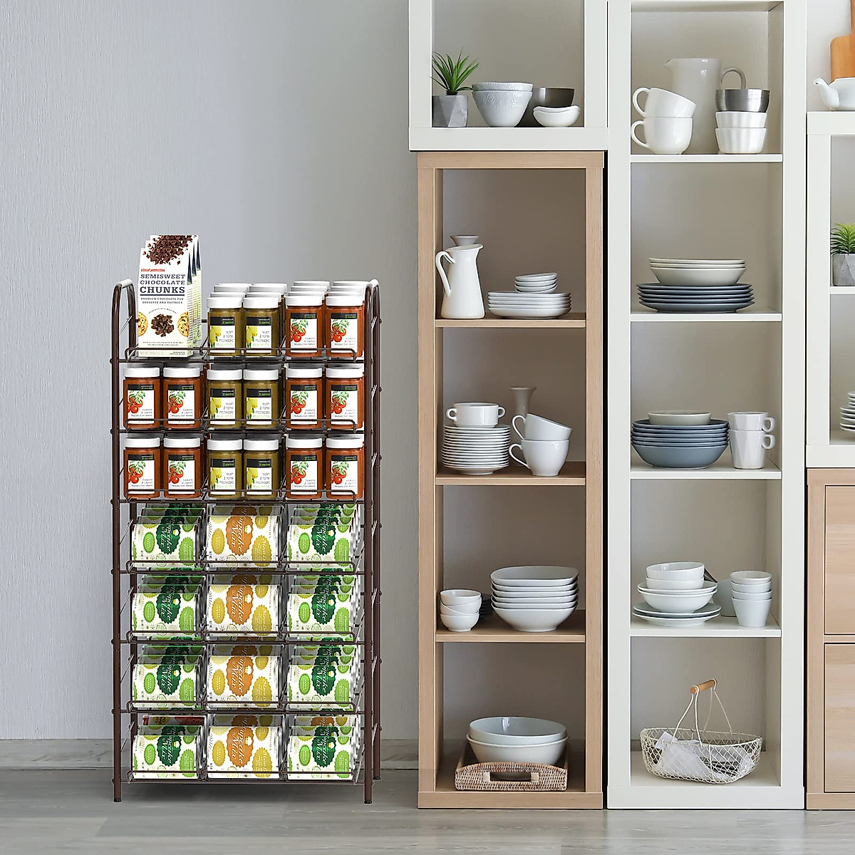 DOMYDEVM Can Rack Organizer 7-Tier Can Storage Organizer Free Standing Beverage Soda Can Storage Dispenser Holder for Kitchen Pantry, Bronze