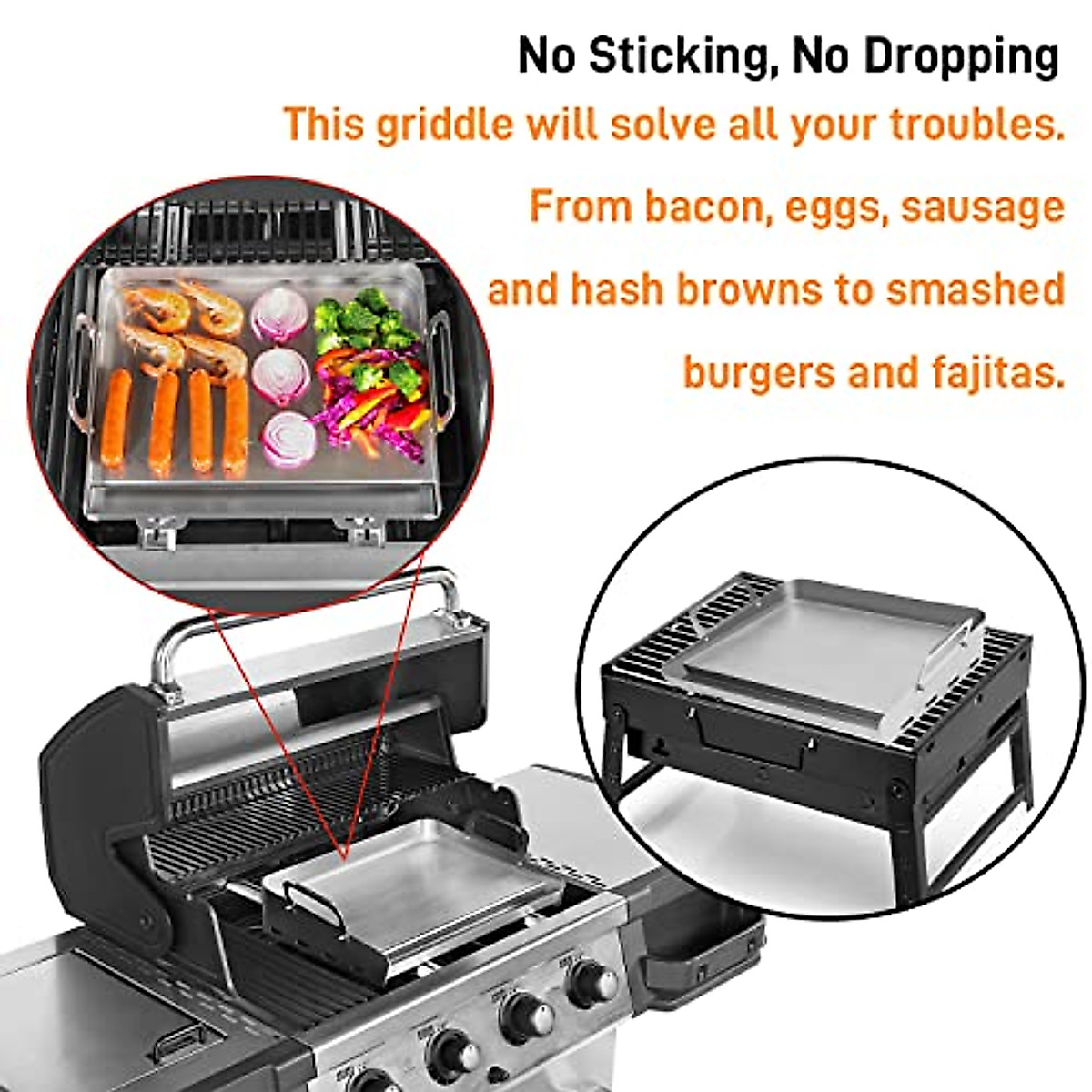 Flat Top Grill, Griddle for Gas Grill 24"x16" with Removable Grease Tray, Stove Top Griddle Even Heat Distribution, Stainless Steel Griddle Grill with Retractable Stand Accommodates Different Grill