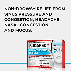 Sudafed PE Head Congestion + Mucus Relief Tablets for Sinus Pressure, Congestion, & Headache, Non-Drowsy Decongestant with Acetaminophen, Guaifenesin & Phenylephrine HCI, 24 ct