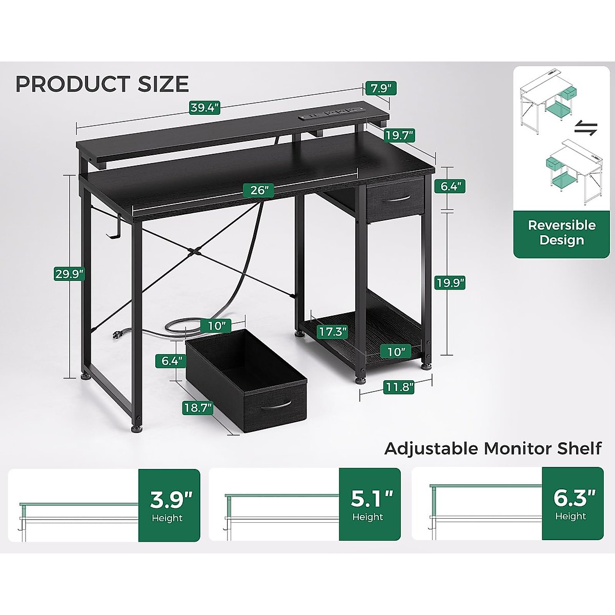 AODK Gaming Desk with LED Lights & Power Outlet, 40 Inch Computer Desk with Drawer, Reversible Desk with Adjustable Monitor Shelf & Headphone Hook for Home Office, Black