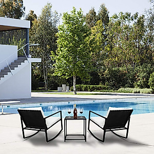 CIPACHO 3 Piece Wicker Patio Furniture Set, Patio Bistro Set with Glass Table & Cushions, Outdoor Rocking Chairs, Rattan Conversation Set for Backyard Porch Poolside Lawn, Black