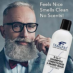 FRAGFRE 3 in 1 Shampoo Conditioner and Beard Wash for Men 12 oz - Unscented Beard Wash for Sensitive Skin - One Step Hair and Beard Cleansing and Conditioning - Saves You Time and Money (1 Pack)