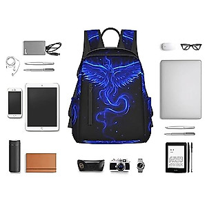 Blue Fire Flame Phoenix Bird Black Art Backpack Durable Polyester Multipurpose Anti-Theft Shoulder Bag Big Capacity Gym Outdoor Hiking Backpack With Padded Straps