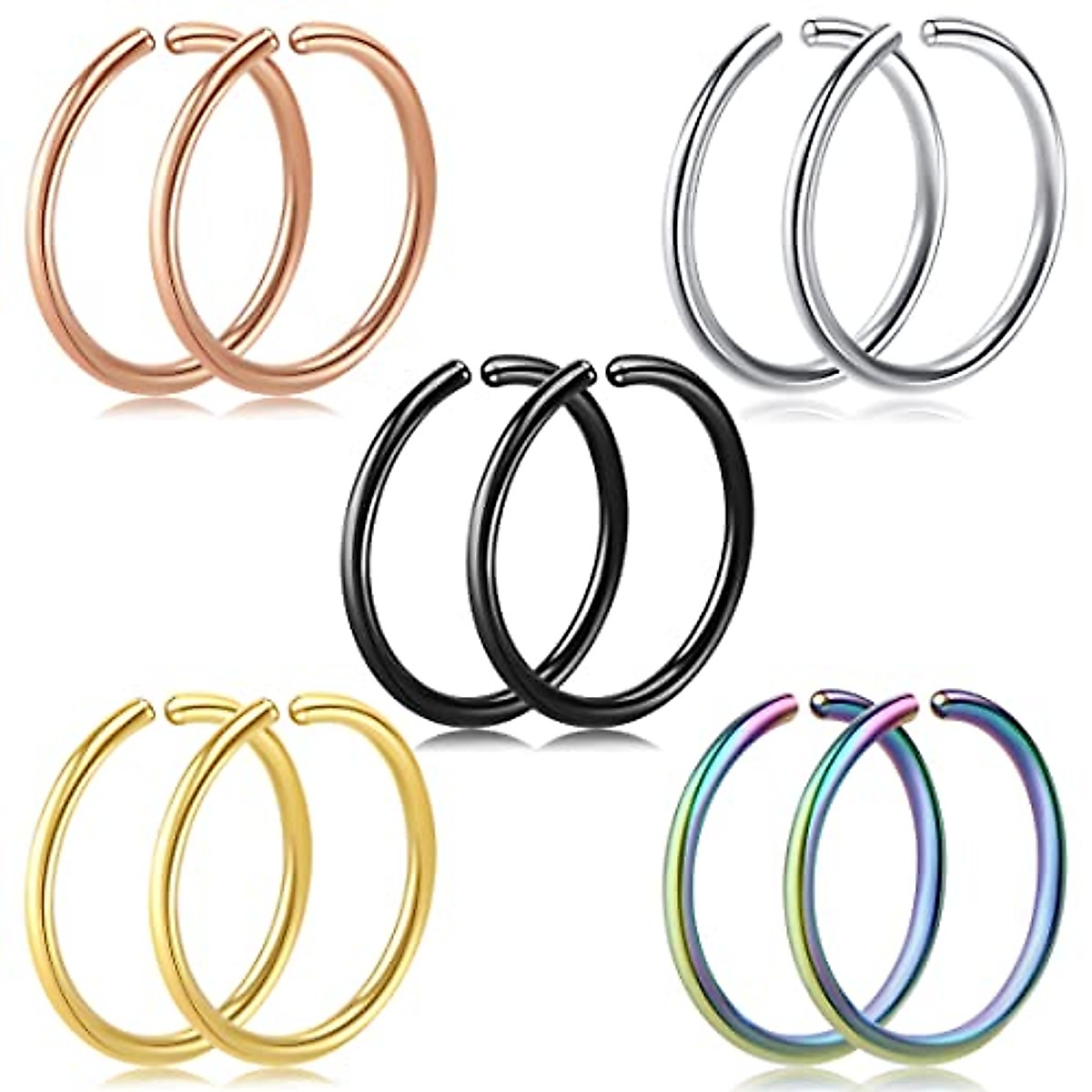 SkullParty Zifoan 5 pairs Nose Rings Hoop 20 Gauge Non Piercing Stainless Steel Clip-on Fake Nose Ring Body Jewelry (10PCS Inner Diameter: 5/16 (8mm))