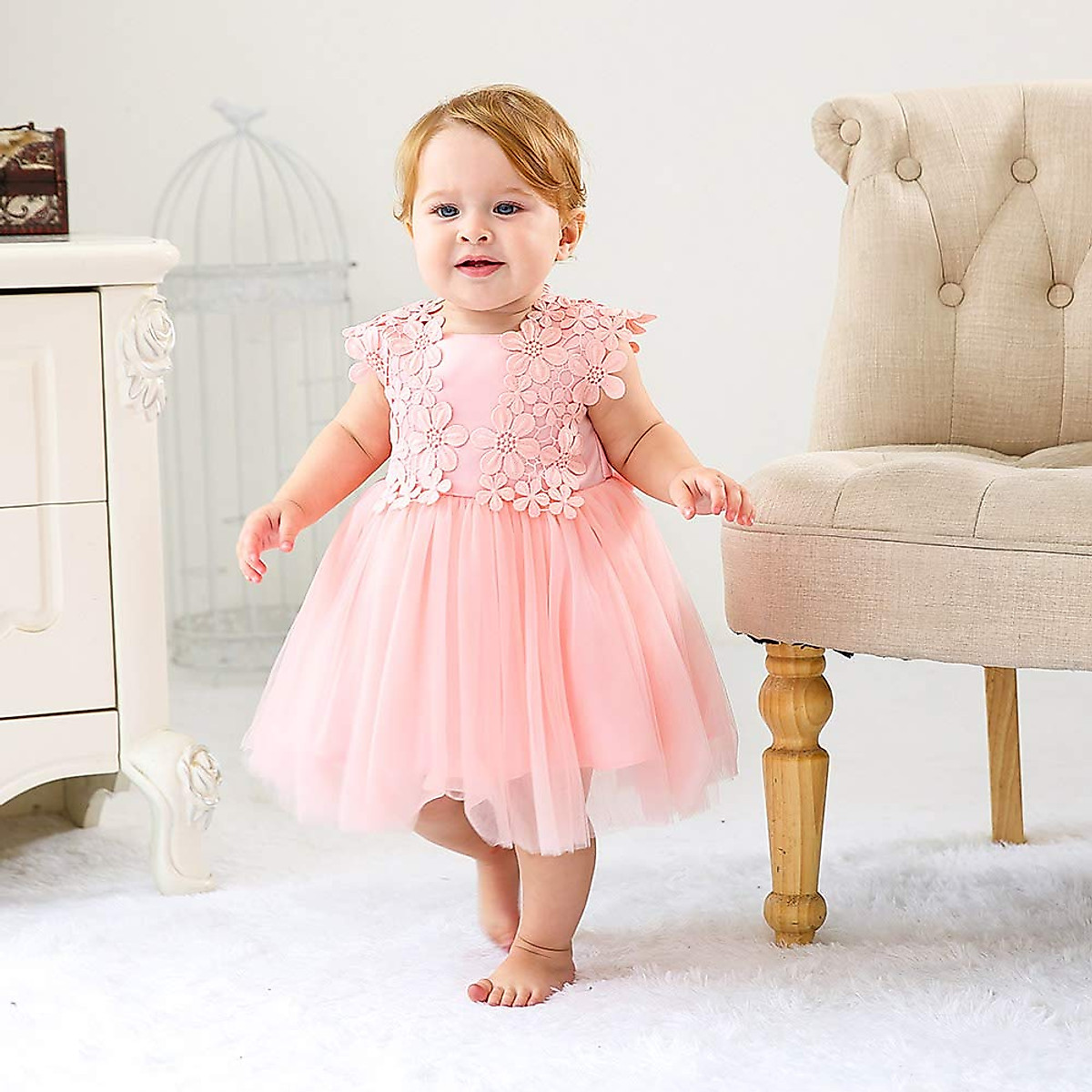 Happy Cherry Baby Girls Sleeveless Lace Formal Dress for Party Wedding 3-24 Months Pink