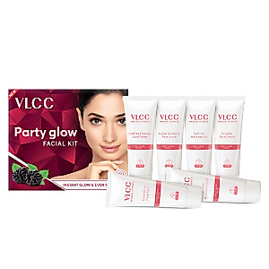 VLCC Party Glow Facial Kit - Single Use | Salon Like Facial at Home in Just 6-Steps | Includes Cleanser, Scrub, Cream, Face Pack & Moisturizing Gels | 2.12 Oz/60g