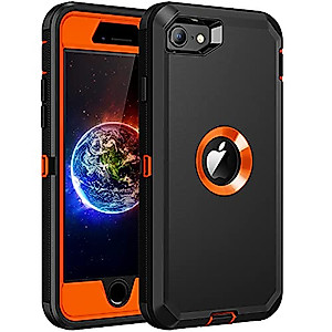 RegSun for iPhone SE 2020 Case,Built-in Screen Protector,Shockproof 3-Layer Full Body Protection Rugged Heavy Duty High Impact Hard Cover Case for iPhone SE 2nd Gen 4.7-inch,Black/Orange