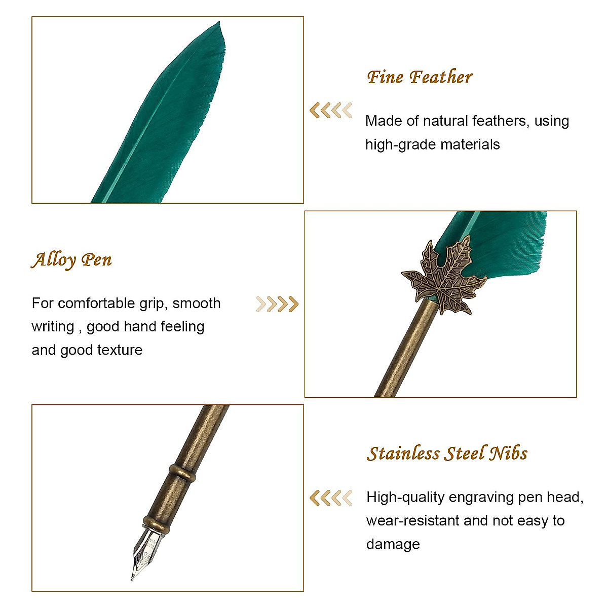 AHIER Quill Pen and Ink Set, Feather Pen Quill Pen Set Includes 5 Steel Replacement Nibs,Pen Nib Base and Dip Ink Bottle for Antique Calligraphy
