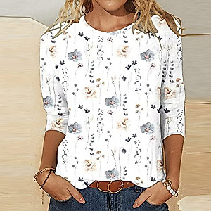 Elegant Floral 3/4 Sleeve Tops Dressy, Womens Summer Floral Crew Neck 3/4 Sleeve Tee Shirts Blouses Dressy, Summer Loose Tunic Shirts Short Sleeve Top Dressy
