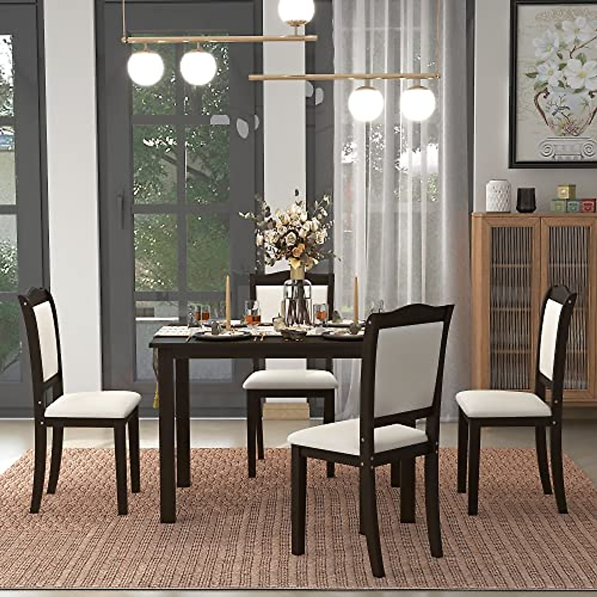 Voohek 5-Piece Dining Room Set, Modern Style Kitchen Furniture, Rectangular Table with 4 Upholstered Chairs Featuring High Backrest, for Space, Espresso+ White