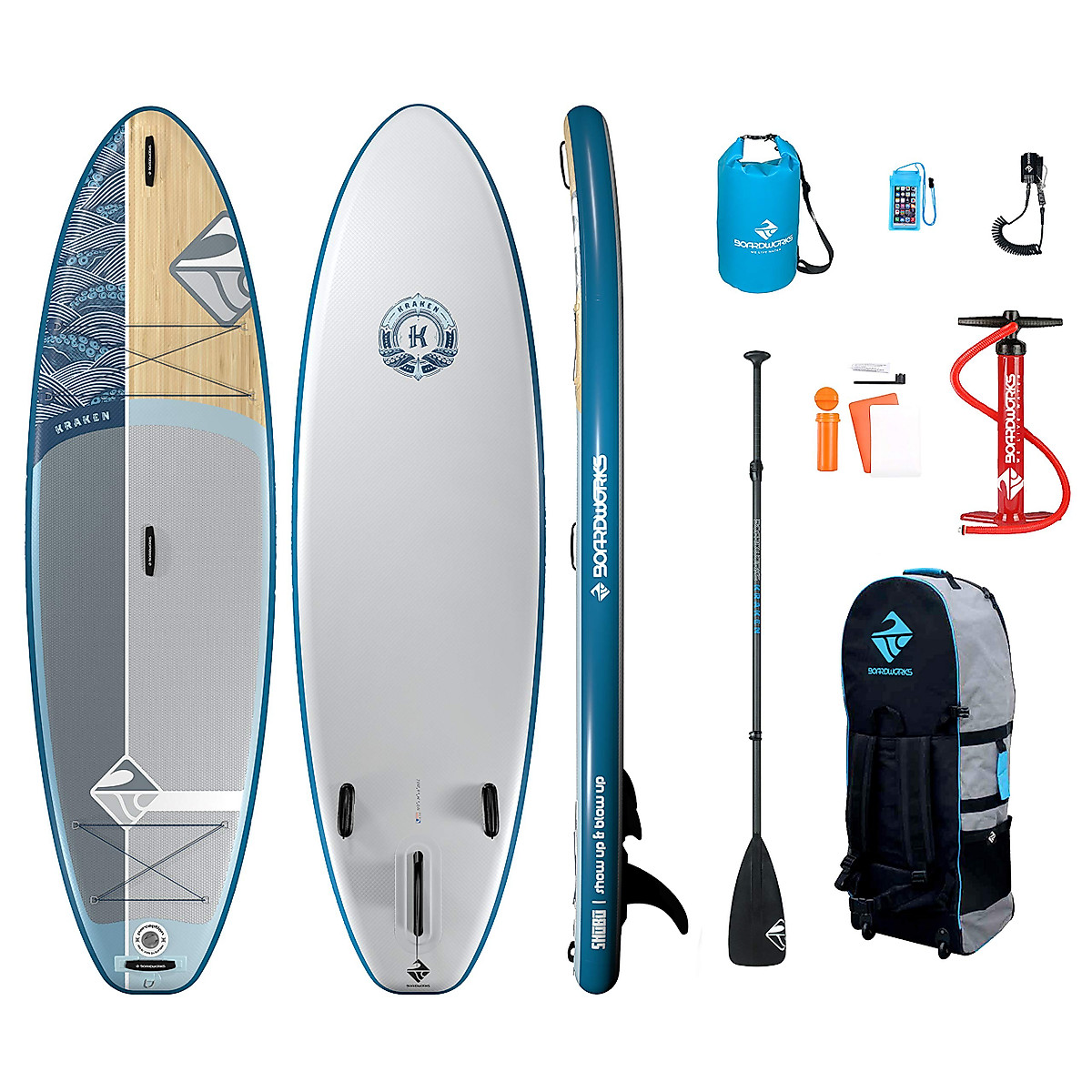 Boardworks SHUBU Kaken All-Water/Surf Inflatable Stand-Up Paddle Board (iSUP) | SUP Package Includes Pump, Three Piece Paddle and Roller Bag | 10’