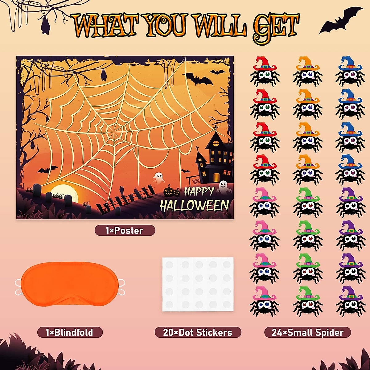 Pin The Spider on The Web - Halloween Party Games for Kids Halloween Game Boys Halloween Birthday Game Girls Pin Game with 24 PCS Stickers Blindfold Halloween Classroom Games