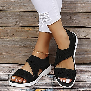 Women's Sandals Slip On Elastic Knit Upper Breathable Casual Wedges, Wide Width Sneaker Sandals for Women, Non-Slip Fitness Running Sports Shoes, Open Toe Comfortable Walking Fashion Summer