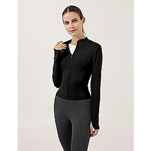 Locachy Women's Lightweight Stretchy Workout Full Zip Running Track Jacket with Thumb Holes Black M