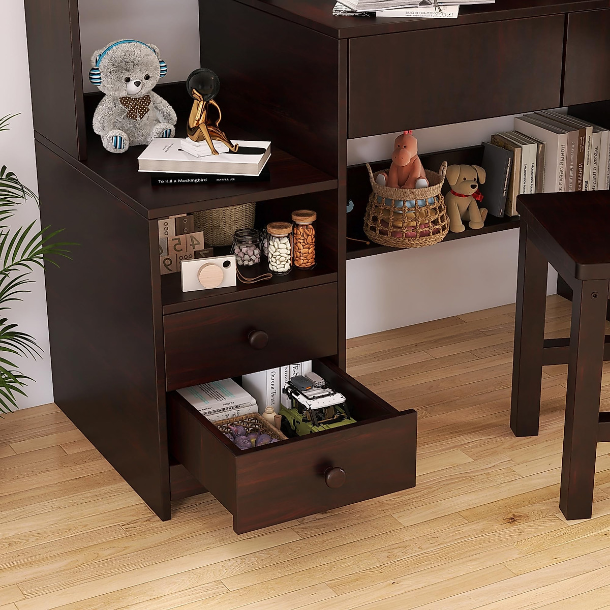 RUPOLXChildrens Computer Desk with 4 Drawers, Kids Study Table with Storage Shelf,Espresso Kids Desk and Chair Set for 5-12 Year Old-x68w0ojv