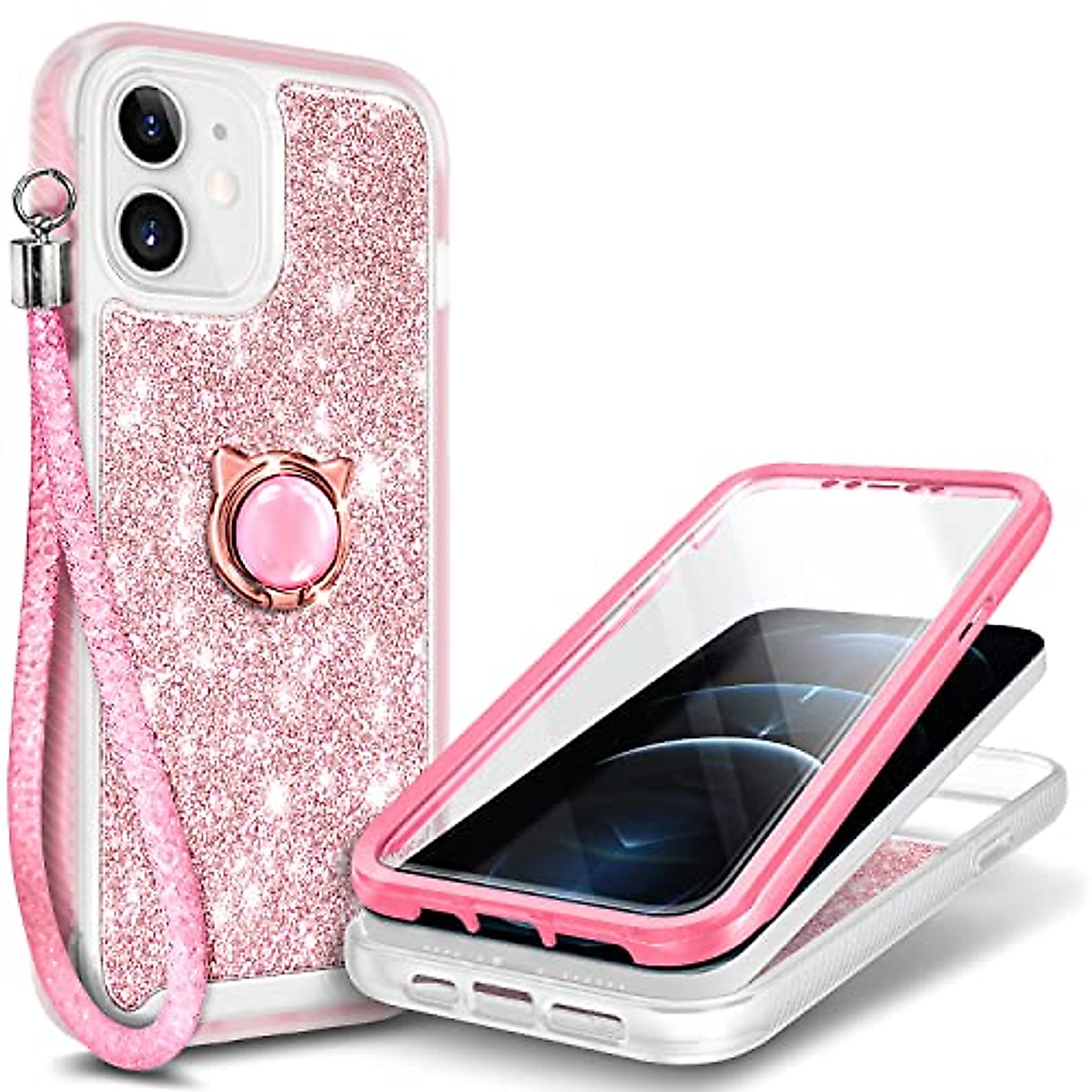 NGB Supremacy Compatible iPhone 12 Mini Case, Full Body with [Built-in Screen Protector] Ring Holder/Wrist Strap, Heavy Duty Protection Slim Fit Shockproof Cover (Glitter Rose Gold)