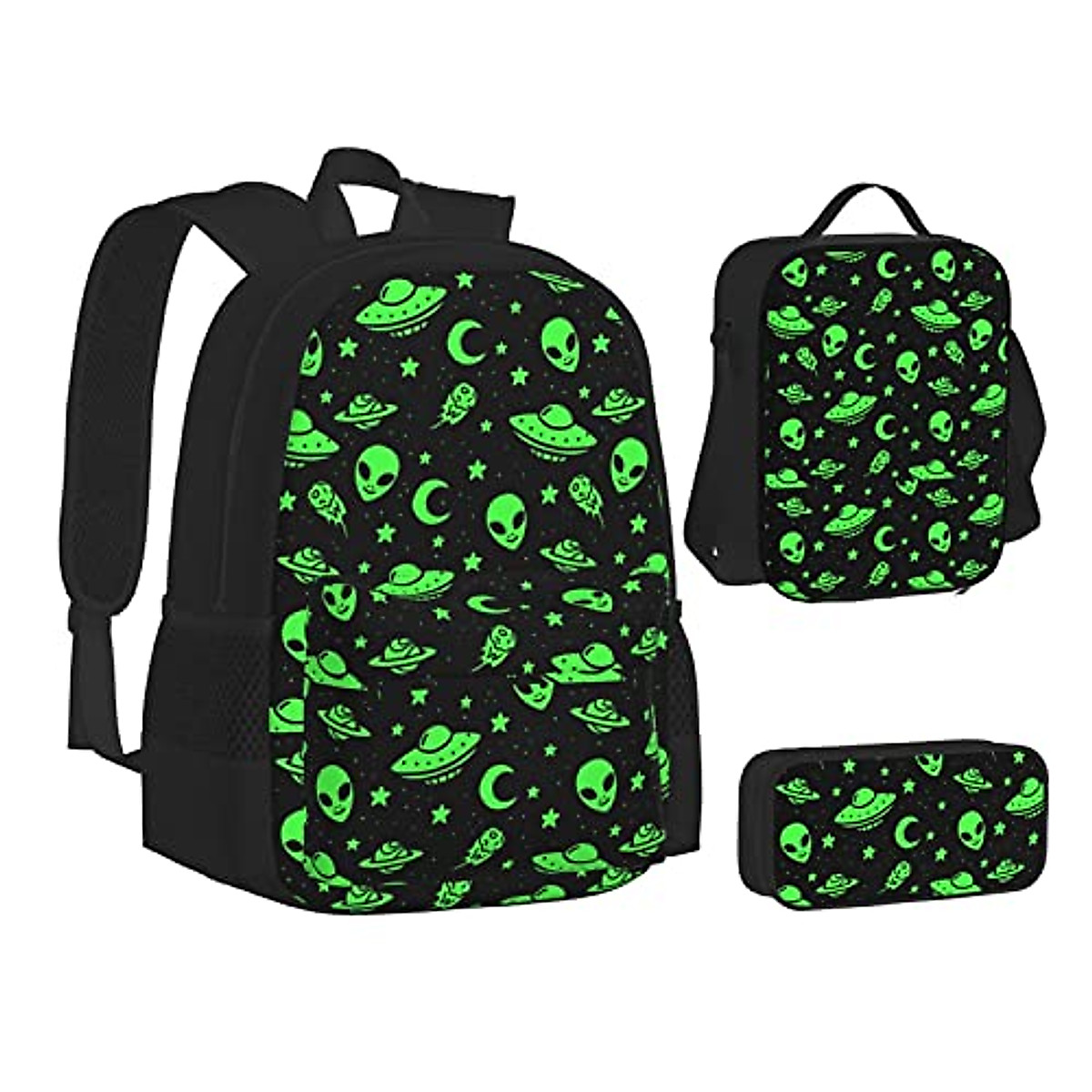 3 PCS Green Alien Ufo Moon Backpack Set With Lunch Bag Pencil Case,Funny Colorful School Book Bag For Girls Boys Teens
