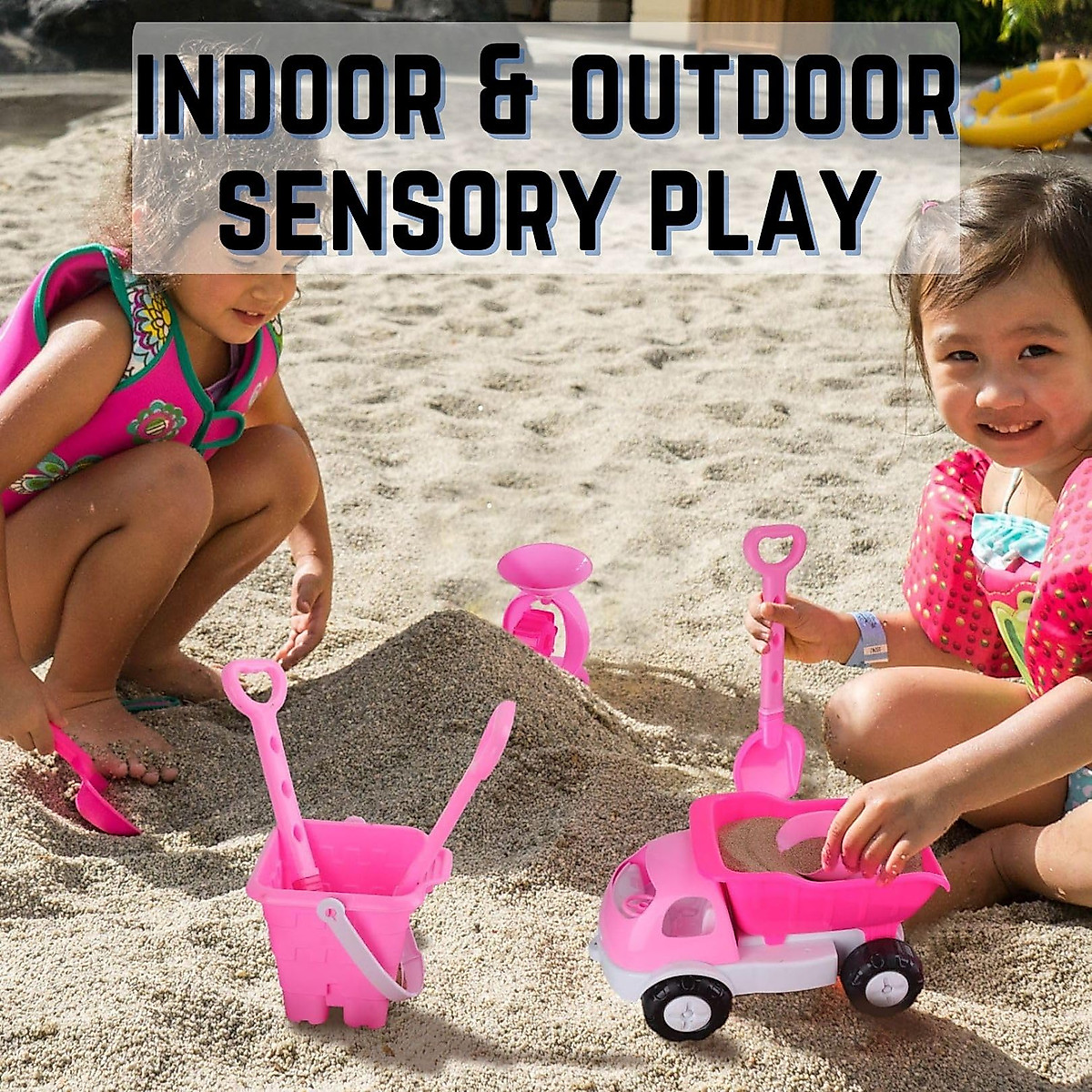 Liberty Imports 14 PCS Pink Sand Toys, Princess Castle Beach Play Set for Girls with Dump Truck, Sandwheel, Bucket, Play Tools and Sand Molds Imaginative Playset for Kids, Toddlers