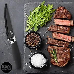 Steak Knives Set of 4 - Brooklyn by Taylors Eye Witness. Serrated black ceramic-coated blade with chrome-plated bolster. Corrosion-Free, Easy Clean Ceramic Coating. Soft Grip Handle. 2 Year Guarantee
