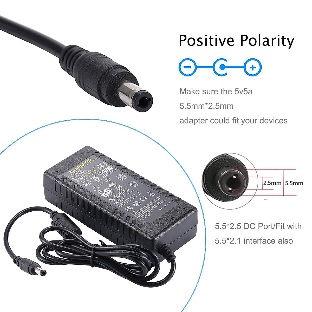 5V 5A Power Supply Adapter - COOLM AC 100-240V DC 5 Volt 5amp 25W Power Converter Charger 5.5mm x 2.5mm Plug for LED Strip Lighting