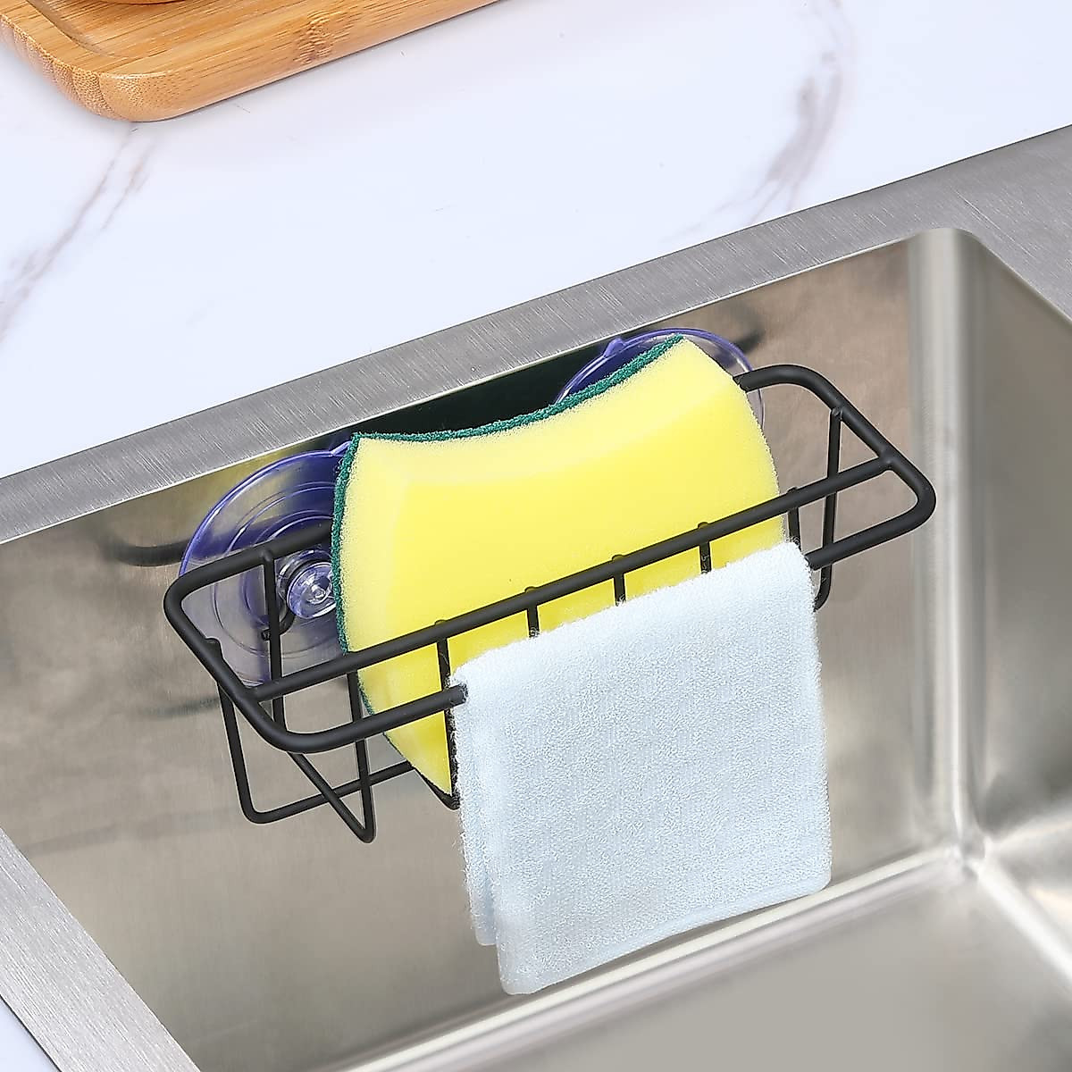 TESOT Sink Caddy Sponge Holder for Kitchen Sink Dish Cloth Hanger 2 Suspension Options(Suction Cups and Adhesive Hook), SUS304 Stainless Steel, Black