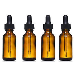 Amber Glass Bottles with Eye Droppers (2 oz, 4 pk) For Essential Oils, Colognes & Perfumes, Blank Labels Included