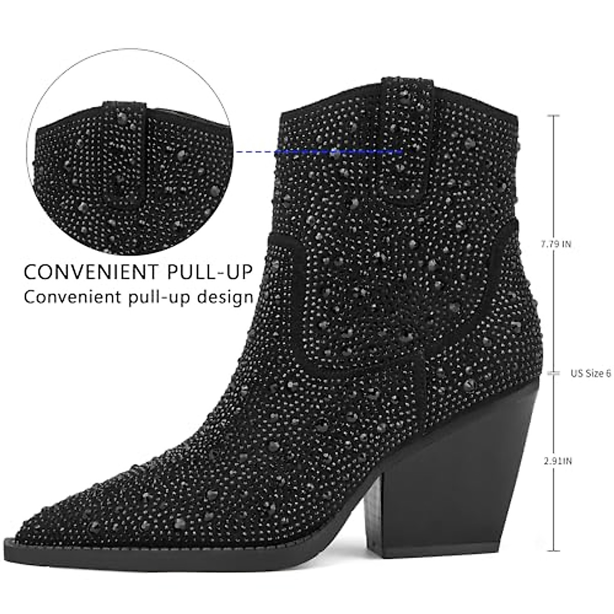 OOHRHN Women's Color Rhinestone Boots Glitter Sparkly Cowboy Booties Chunky Block Heel Pearl Detail Pointed Toe Bridal Wedding Western Ankle Boots Cowgirl Short Boots Black Stone PU Size US 8.5