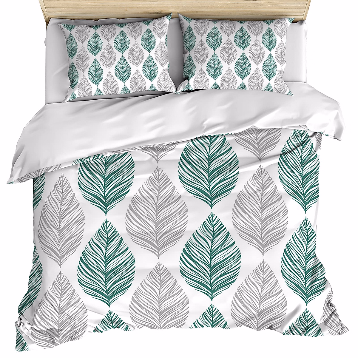 Green and Grey Leaf Texture Duvet Cover Cal. King Size, Gray Abstract Art Leaves Comforter Cover with Zipper Closure, 3 Piece Bedding Sets 1 Duvet Cover 90x106 Inches and 2 Pillow Shams