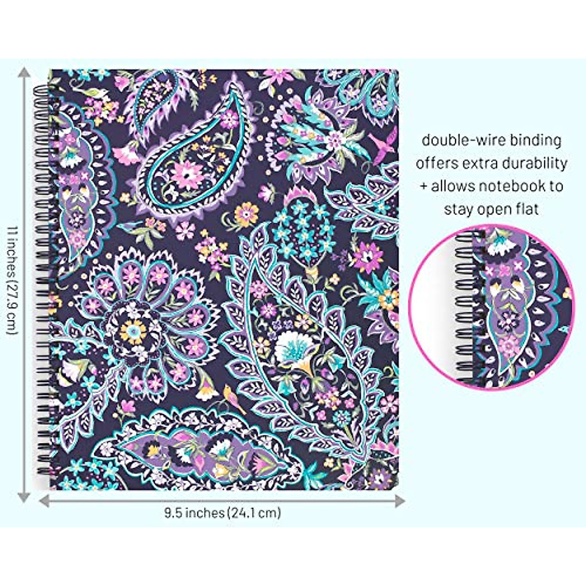 Vera Bradley Blue Large Spiral Notebook, College Ruled Paper, 11" x 9.5" with Pocket and 160 Lined Pages, French Paisley