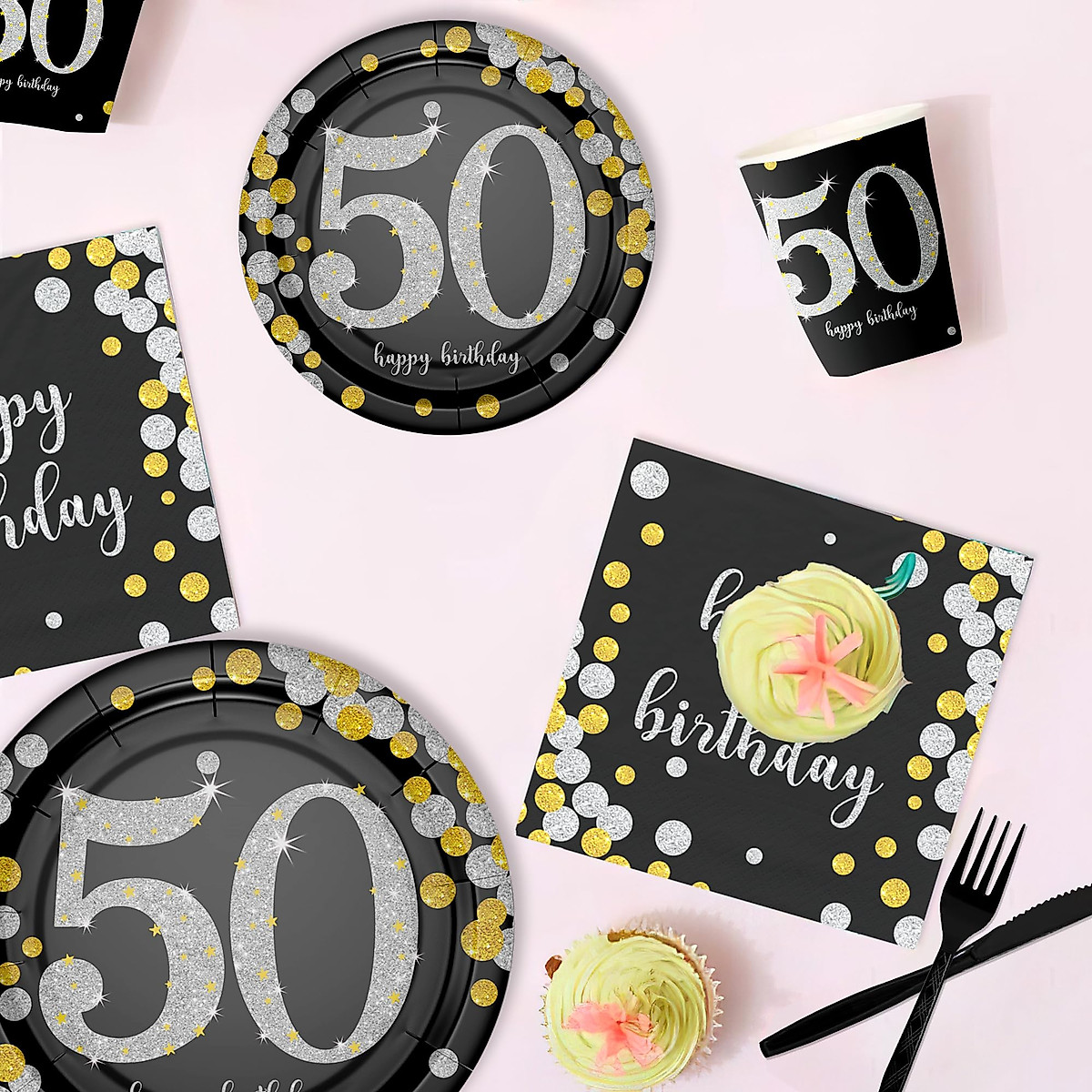 HIPVVILD Happy 50th Birthday Plates And Napkins Party Supplies Men Women - 50th Birthday Decorations Party Tableware, Plate, Cup, Napkin, 50 Year Old Birthday Table Decorations Dinnerware | Serve 24