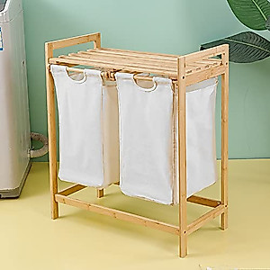 Bellglee Laundry Hamper with Shelf, 2 Sections Wooden Laundry Basket with Sliding Removable Bags, Bamboo Wood Laundry Organizer with Double Compartments, Laundry Sorter with Handles