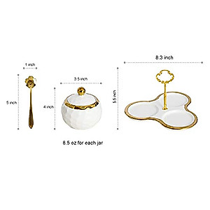 BIHOIB Golf Porcelain Sugar Bowl Condiment Pot Salt Container with Lid, Spoon and Tray, Set of 3, Modern Spice Box Seasoning Jar, White and Gold