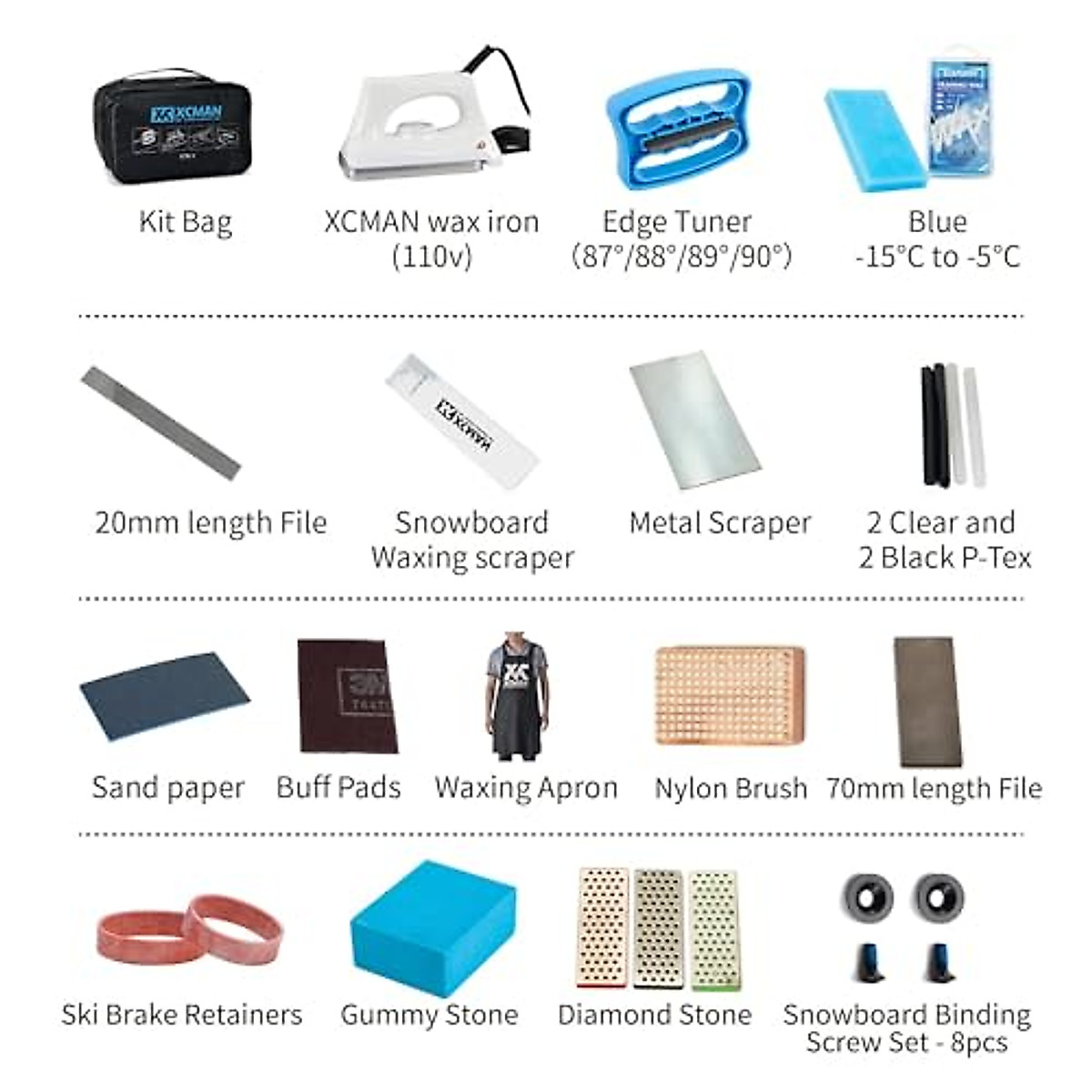 XCMAN Complete Ski Snowboard Tuning Waxing Combo Kit with Waxing Iron,Ski Wax,Side Edge Tuner,Ptex Base Repair,Gummy Stone,Diamond Stones for ski Snowboard EdgeTuning