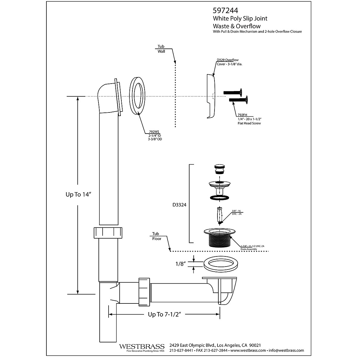 Westbrass 597244-26 White 1-1/2" Tubular Pull & Drain Bath Waste Drain Kit with 2-Hole Overflow Faceplate, Polished Chrome