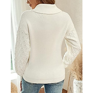 ZHENWEI Women's 2023 Fall Winter Long Sleeve V Neck Solid Color Casual Polo Collared Chunky Cable Knit Pullover Sweater Tops Cream White L