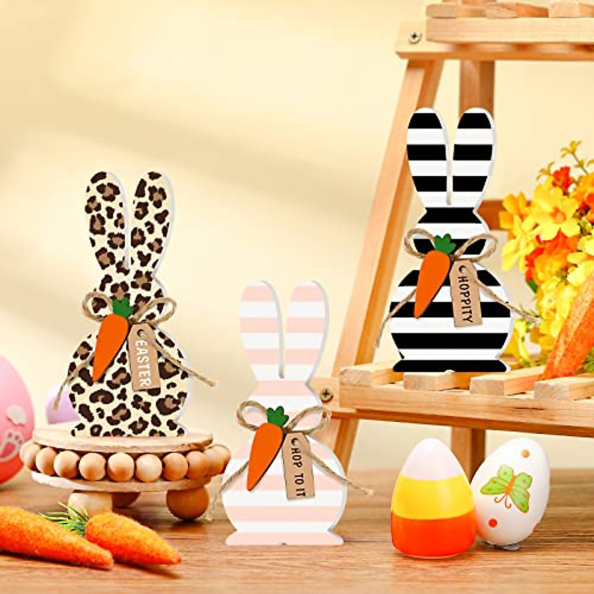 3 Pcs Easter Decor for Tiered Tray Easter Bunny Decor Wooden Bunny Table Signs Farmhouse Bunny with Carrot Tabletop Decoration Easter Party Desk Home Decorations (Classic Style)