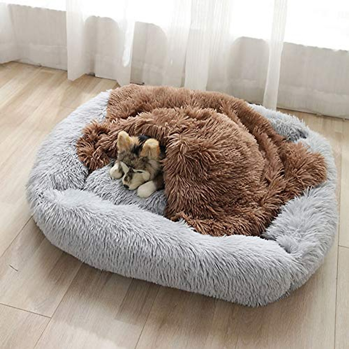 Fuerlun Dog Bed, Square Calming Warming Plush Cuddler, XL Extra Large Dog Bed & Furniture Anti Anxiety Cushion Bed (Light Gray, L)