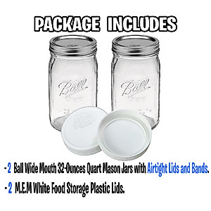 Wide Mouth Mason Jars 32 oz - (2 Pack) - Ball Wide Mouth 32-Ounces Quart Mason Jars with White M.E.M Food Storage Plastic Lids, Caps Fit Ball and Kerr Wide Mouth - For Storage, Freezing, Leak Proof,