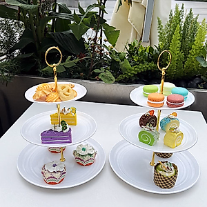 RAUVOLFIA 2 Pack Small Dessert Cupcake Stand, 3 Tier Cup Cake Holder Tower for Tea Party/Birthday/Wedding, Plastic Tiered Serving Tray (Gold Metal Rod)