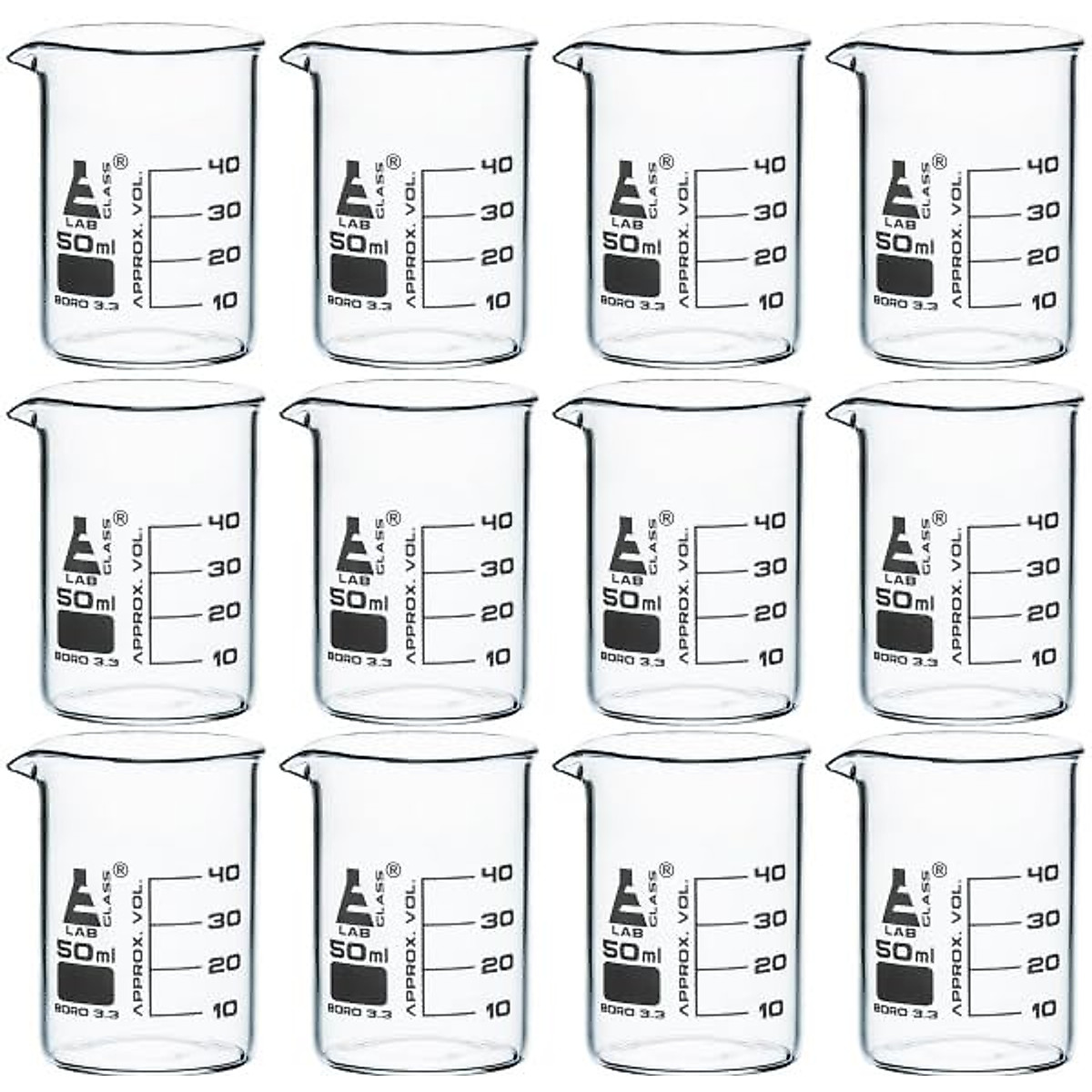 EISCO 12PK Beakers, 50mL - Borosilicate Glass, Low Form - 10mL Graduations