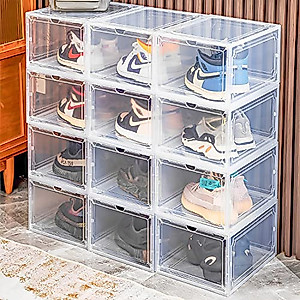 AOSOK Shoe Storage Boxes, 6-Pack Shoe Organizer Clear Plastic Stackable Shoe Containers for Closet, Assemblable Storage Bins Sneaker Storage, Plastic Shoe Boxes With Lids 15.35x7.48x6.88